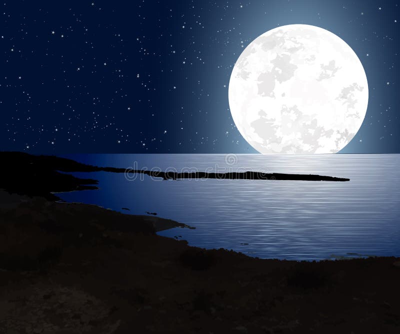 Moonlight with Full Moon and the Coast Stock Illustration ...