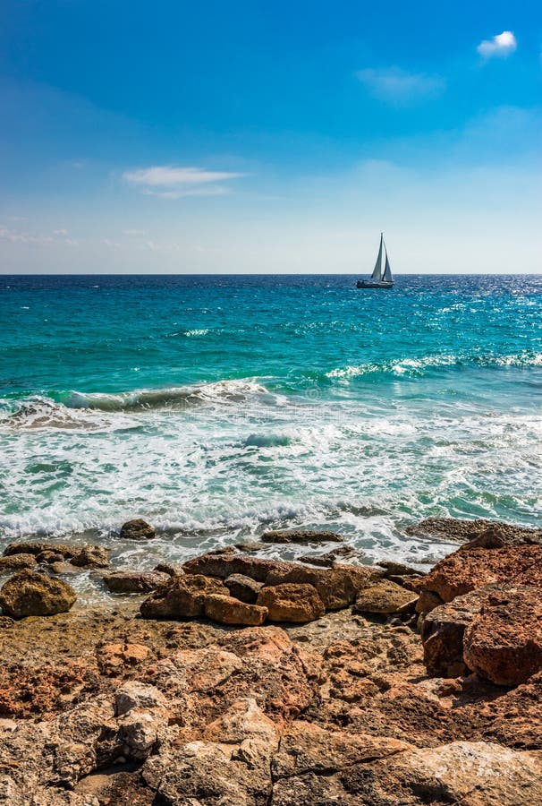 Seascape with Sailing Boat stock photo. Image of baleares - 96049554
