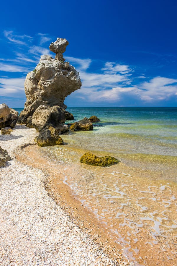 Seascape, Send Beach and Cliff, Rock of Bizarre Shape in Sea, Clear Day ...