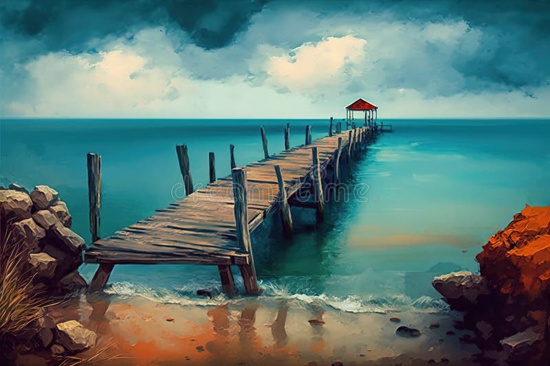 A Seascape a Small Jetty in Foreground Stock Illustration ...
