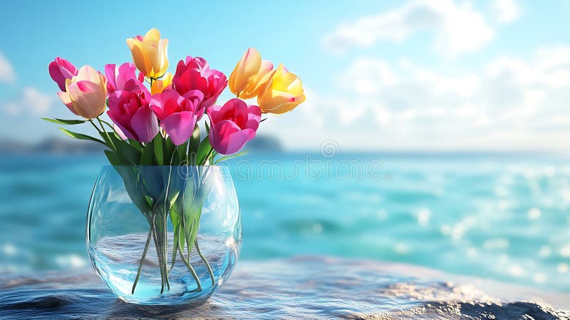 Seascape and Spring Flowers in Vase, Hello Spring, Empty Space Stock ...