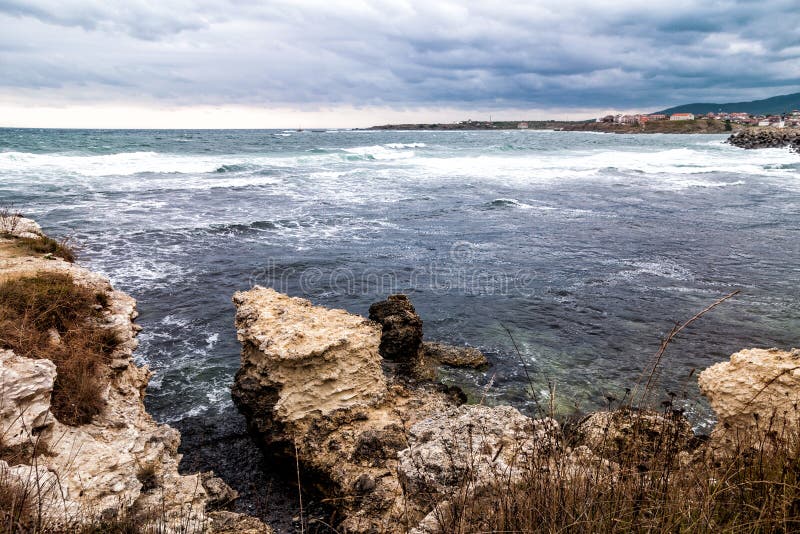 Seascape with Stormy Clouds and Rocks Stock Photo - Image of gradient ...