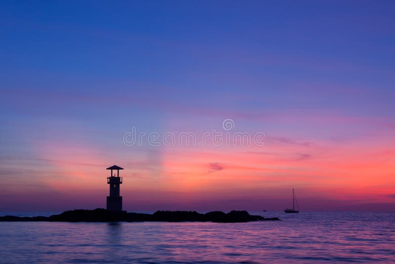 Seascape at Sunset. Lighthouse on the Coast Stock Photo - Image of ...