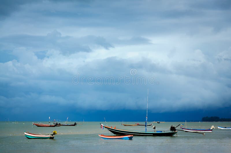 Seascape with Three Fishing Boat within the Storm Cloud Stock Image ...