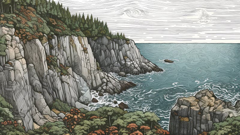 Seascape with a View of the Sea from the Cliff. Hand-drawn Illustration ...