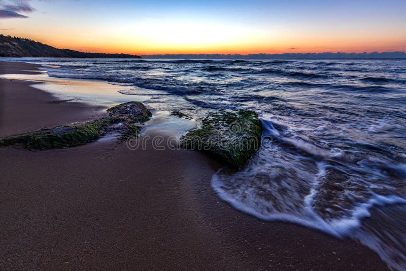 Seascape View of a Sea Sunrise with Rocks with Moss Stock Image - Image ...