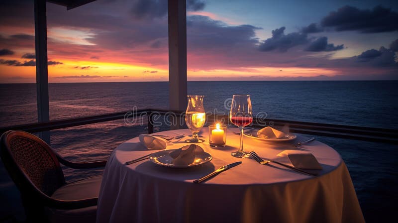 Seascape View Under Sunset Light with Dining Table. Generative Ai Stock Illustration ...