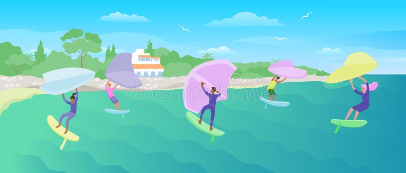 Seascape with Wing Foiling People Stock Vector - Illustration of ...