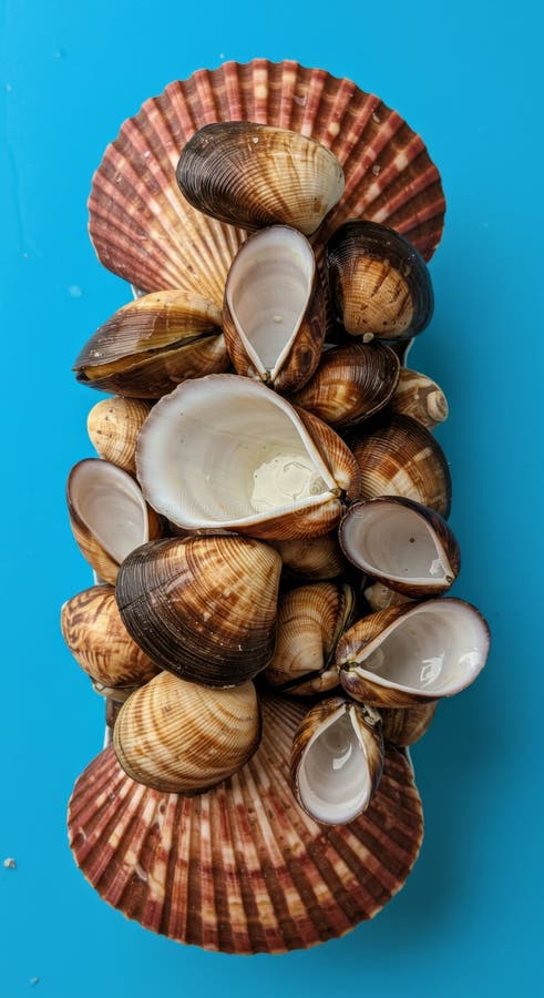 Seashell Arrangement on Blue Background Stock Illustration ...