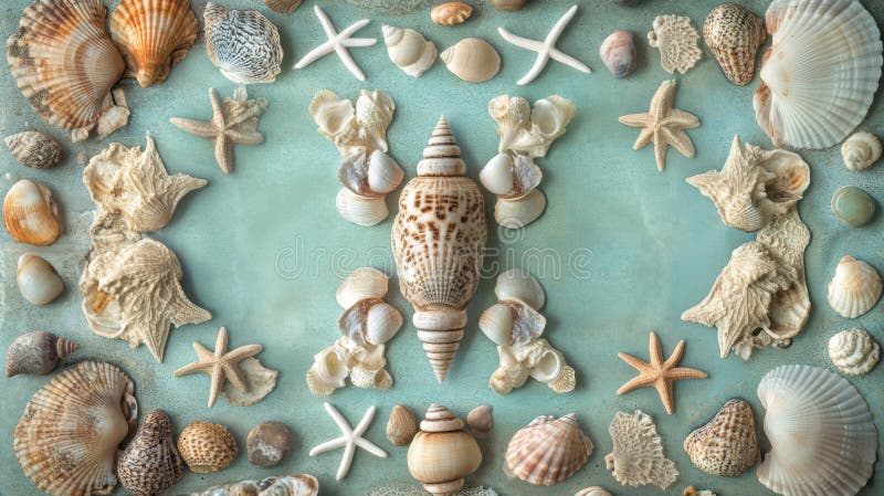 Seashell Arrangement on Teal Background. AI Generated Stock ...
