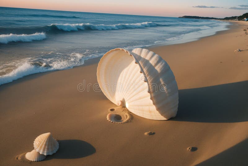 A Seashell on a Beach at Sunrise Stock Illustration - Illustration of ...