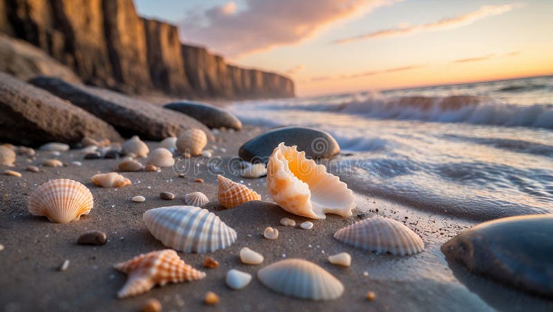 Seashells on Sandy Beach at Sunset: Tranquil Coastal Scene Stock ...