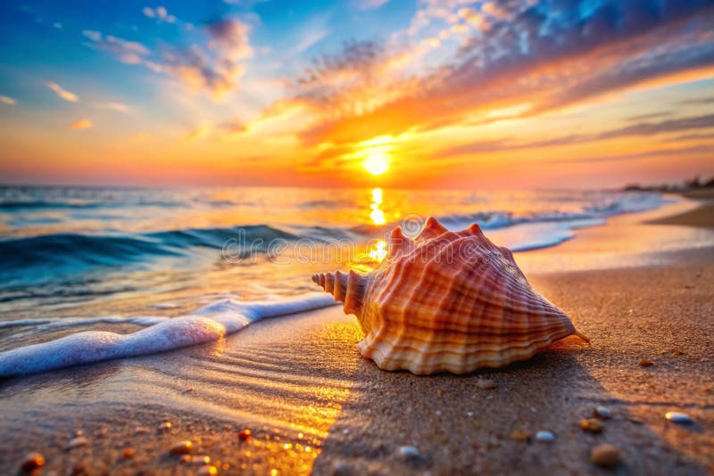 Seashell on the Beach at Sunset Sunrise Stock Illustration ...