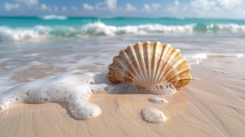 A Seashell on the Beach with Waves and Ocean in Background, AI Stock ...