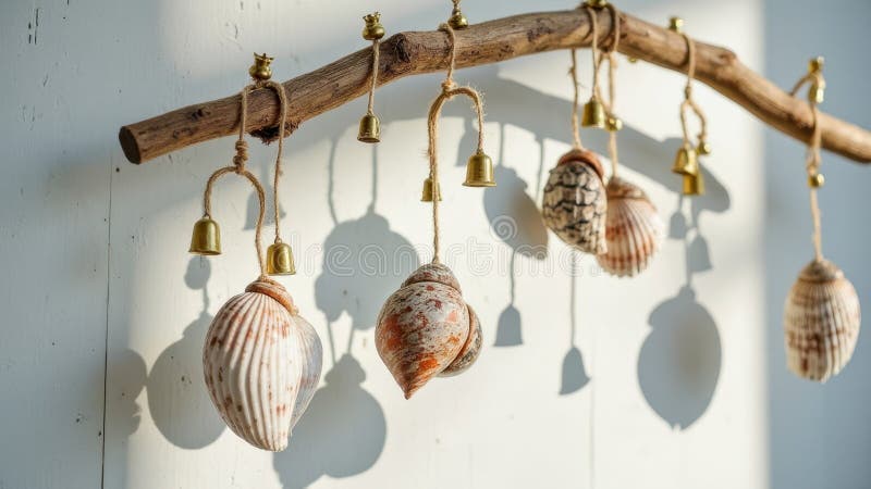 Seashell and Bell Decor Hanging on Driftwood Branch with Gentle Shadow ...