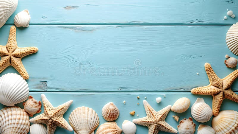 Seashell Border on Weathered Blue Planks Stock Illustration ...
