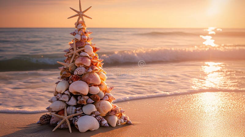 Seashell Christmas Tree on Beach Sunset Scene High Quality Image Stock ...