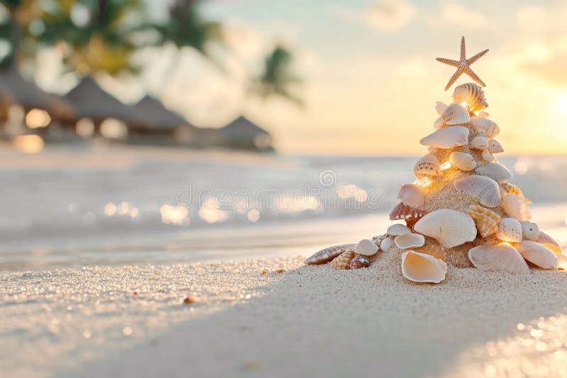Seashell Christmas Tree on the Beach at Sunset with Soft Waves and ...