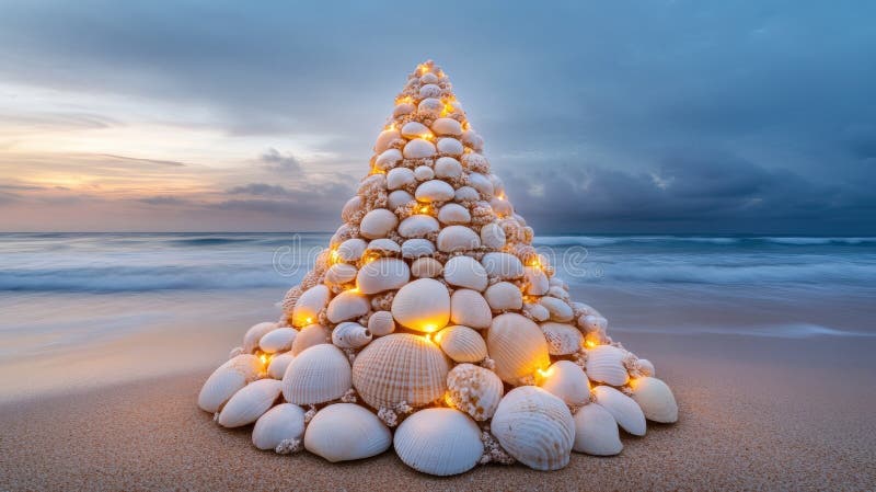 Seashell Christmas Tree Glows Warmly on a Serene Beach at Sunset, AI ...