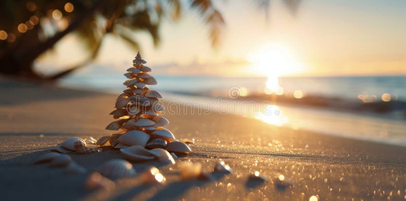Seashell Christmas Tree on Sandy Beach at Sunset Stock Photo - Image of ...