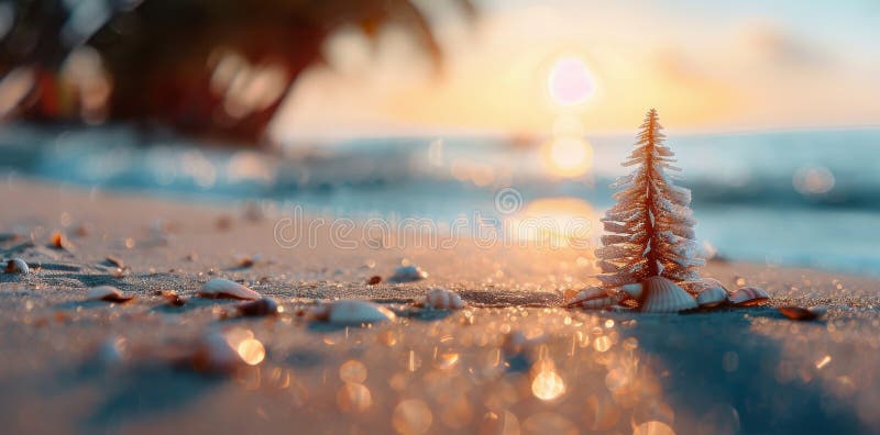 Seashell Christmas Tree on Sandy Beach at Sunset Stock Photo - Image of ...