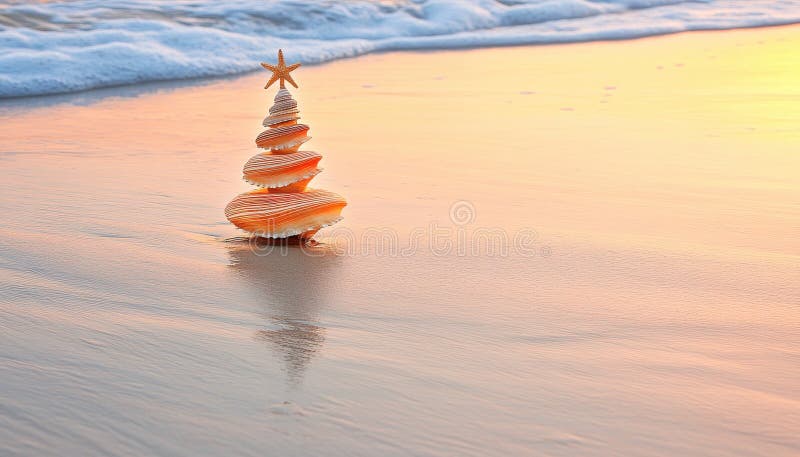 Seashell Christmas Tree on a Serene Beach at Sunset with Tranquil Ocean ...