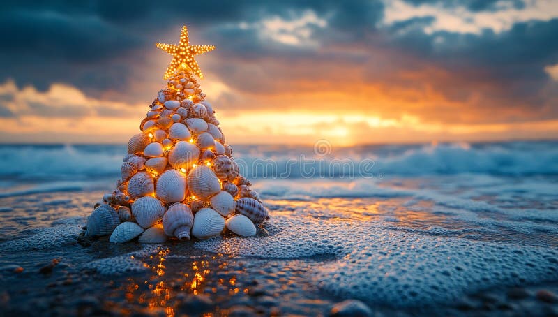 Seashell Christmas Tree at Sunset Beach Stock Image - Image of beach ...