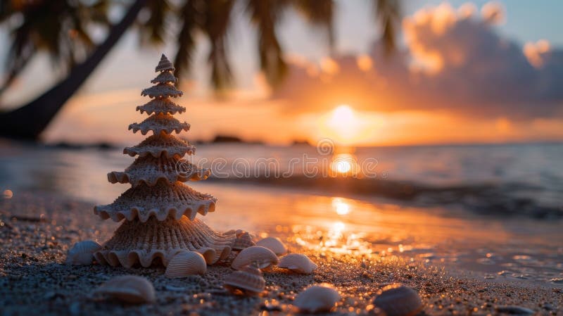 Seashell Christmas Tree on Tropical Beach at Sunset Stock Illustration ...