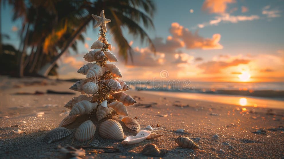 Seashell Christmas Tree on Tropical Beach at Sunset Stock Illustration ...