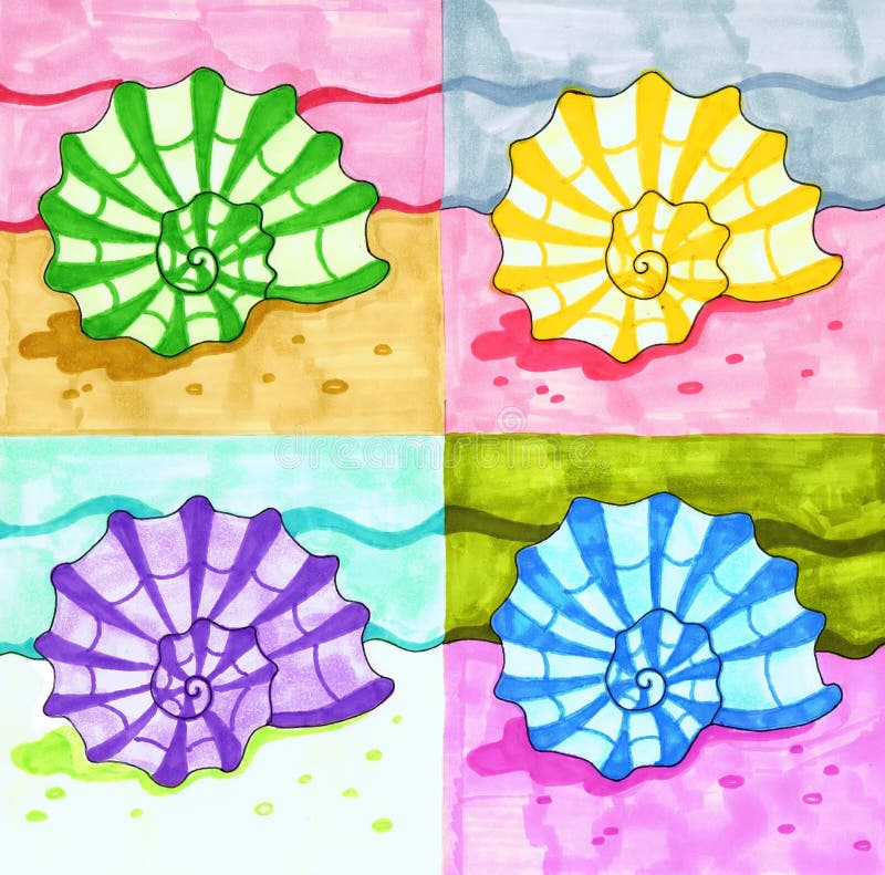Seashell Collage. Children S Drawing Stock Illustration - Illustration ...