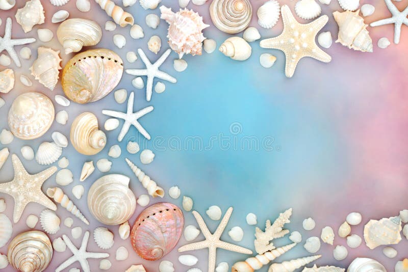 Seashell Collection on Rainbow Sky Cloud Background Stock Image - Image ...