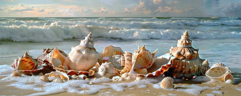 Seashell Collection on Seashore at Sunset Stock Photo - Image of scenic ...