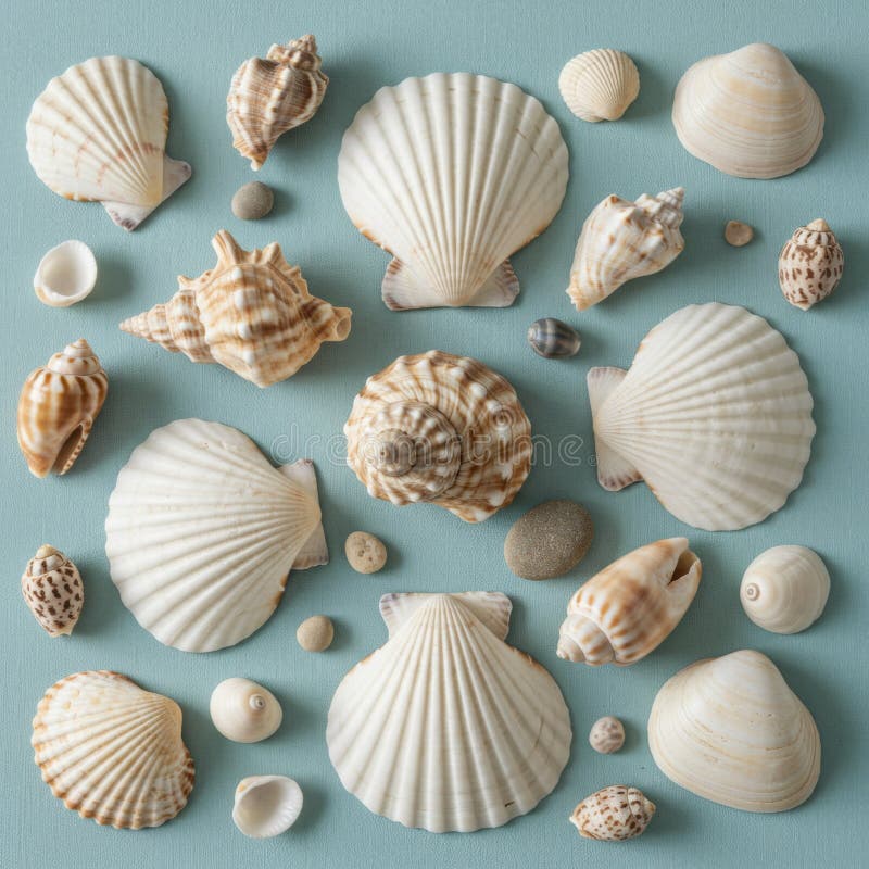 Seashell Collection on Teal Background Stock Illustration ...