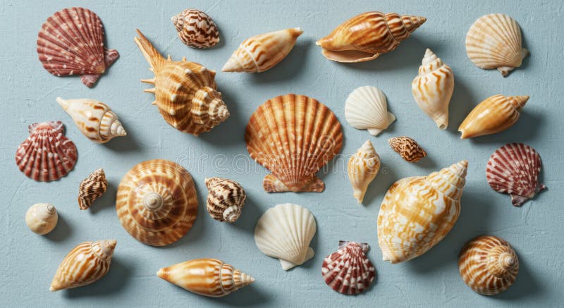 Seashell Collection: Variety of Shells on Blue Background Stock ...