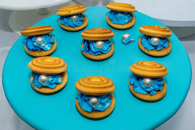 Seashell Cookies with Pearl on Table Stock Photo - Image of flower ...