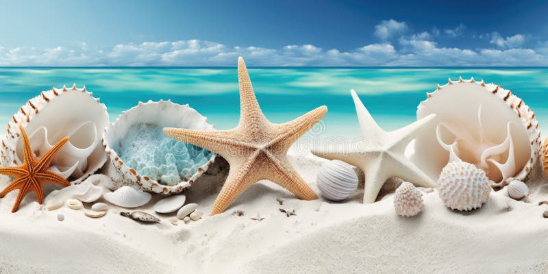 Seashell and Coral Banner on White Sand Beach for Invitations and ...