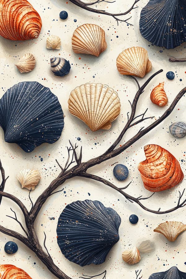 Seashell and Coral Patterns with Retro Coastal Style Stock Image ...