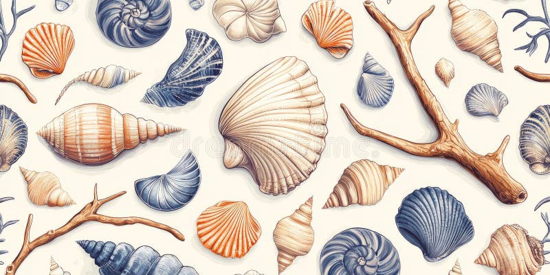 Seashell and Coral Patterns with Retro Coastal Style Stock Photo ...