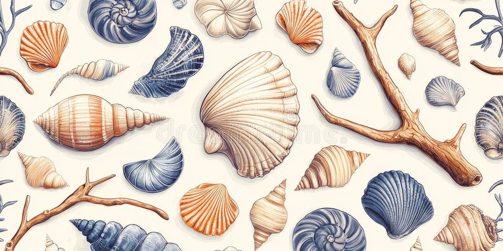 Seashell and Coral Patterns with Retro Coastal Style Stock Photo - Image of generated, beach ...