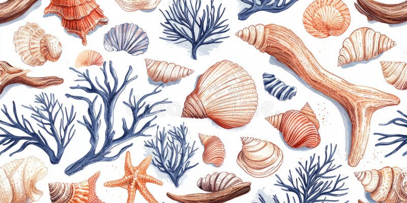 Seashell and Coral Patterns with Retro Coastal Style Stock Photo ...