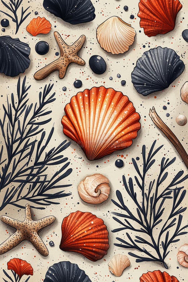 Seashell and Coral Patterns with Retro Coastal Style Stock Photo ...
