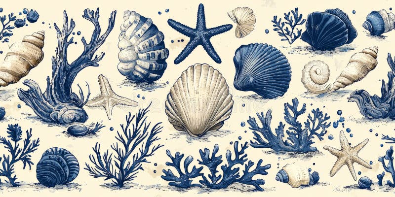 Seashell and Coral Patterns with Retro Coastal Style Stock Image ...