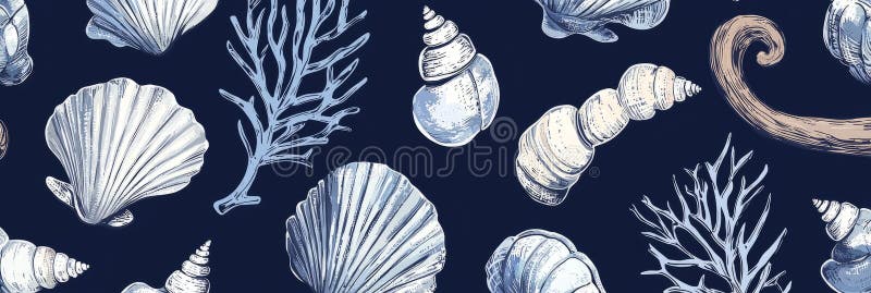 Seashell and Coral Patterns with Retro Coastal Style Stock Image ...