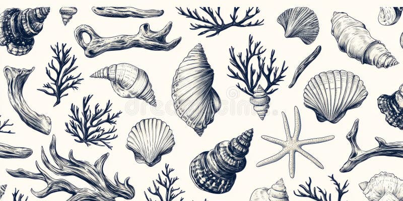 Seashell and Coral Patterns with Retro Coastal Style Stock Photo ...