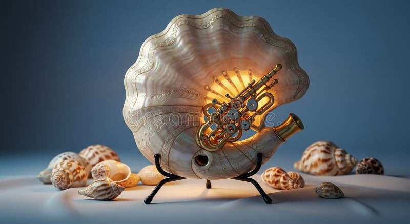 Seashell Display with Metal Instrument and Sea Treasures Stock ...