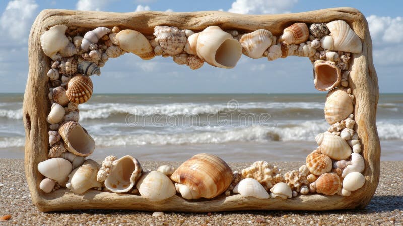 Seashell Frame on Sandy Beach with Ocean Waves in the Background, AI ...