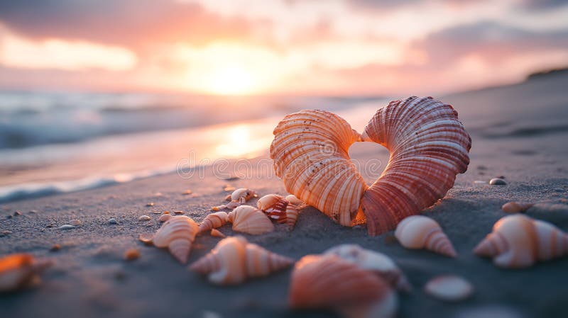 Seashell Heart Arrangement on Quiet Beach with Soft Sunset Hues Stock ...