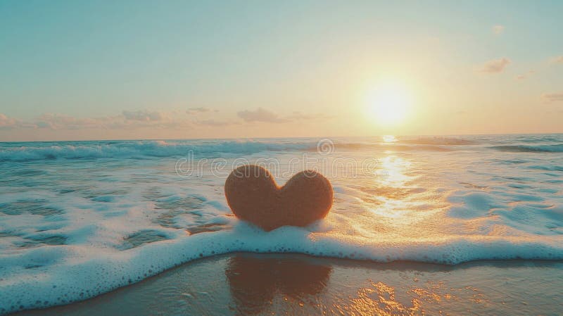 Seashell Heart on Ocean Beach at Sunset Stock Illustration ...