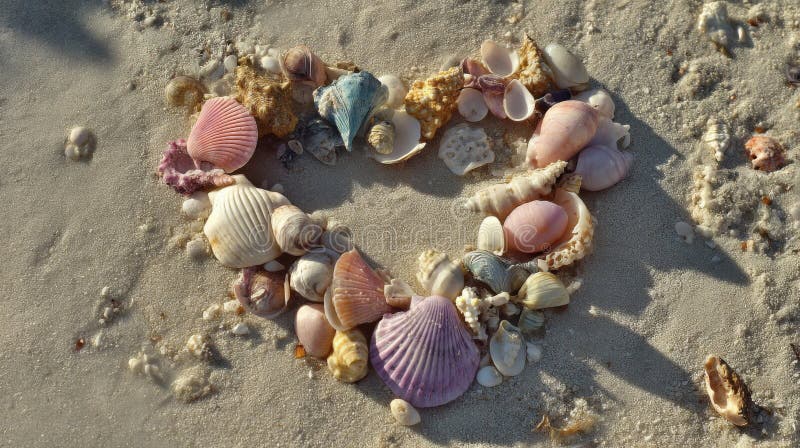 Seashell Heart on Sandy Beach Stock Illustration - Illustration of ...