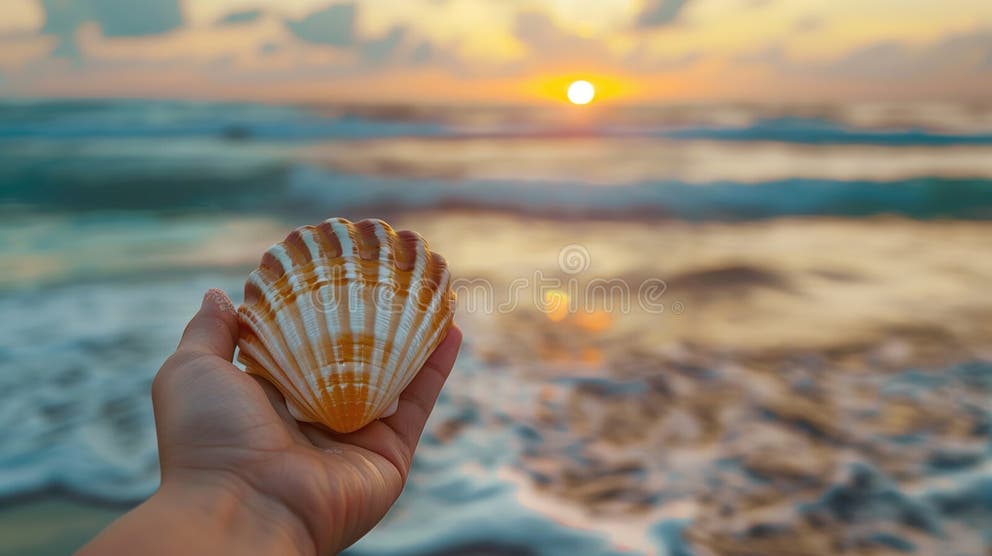 Seashell Held at Sunset by the Ocean Stock Illustration - Illustration ...